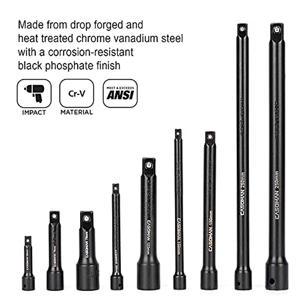 CASOMAN 9 Pieces Extension Bar Set, 1/4", 3/8" and 1/2" Drive Socket Extension, Premium Chrome Vanadium Steel with Black Phosphate Finish