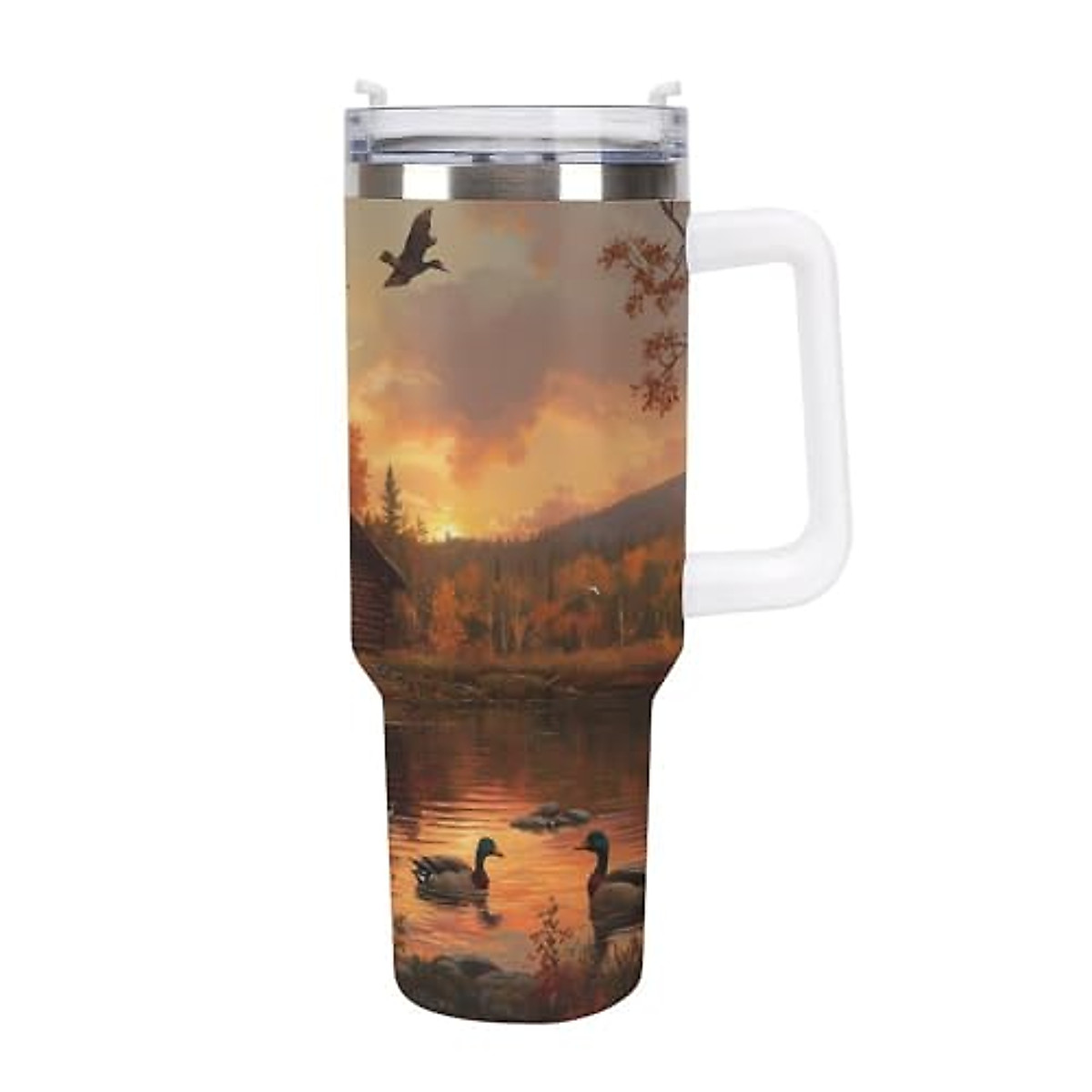 Bear Lake Lodge Duck Tumbler with Handle Travel Mug Water Bottle Tea Coffee Cup White-style
