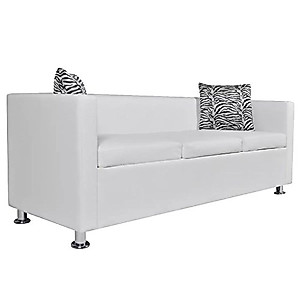Festnight 3 Seater Sofa Faux Leather Upholstery Modern Couch with Armrest and Pillows for Living Room Home Office Furniture (White)