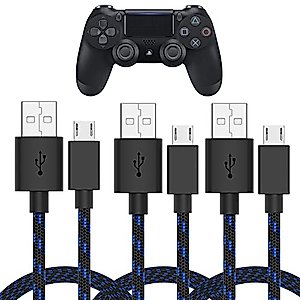TALK WORKS Micro USB Controller Charger Cable for Playstation 4-6-Foot Long Braided Heavy-Duty Fast Charger Cord for PS4, Blue-Black (3 Pack)
