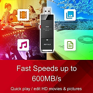 BUFFALO External SSD 1TB - Up to 600MB/s - USB-C - USB-A - USB 3.2 Gen 2 (Compatible with PS4 / PS5 / Windows/Mac) - External Solid State Drive Stick - ‎‎SSD-PUT1.0U3B