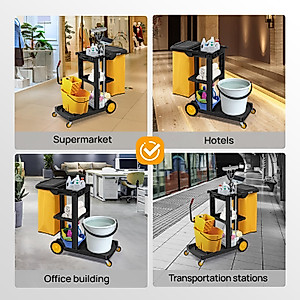 TUFFIOM Commercial Traditional Cleaning 3-Shelf Janitorial Cart, 500 Lbs Capacity Housekeeping Cart, Wheeled with Yellow VinylBag and Cover w Lid, Black