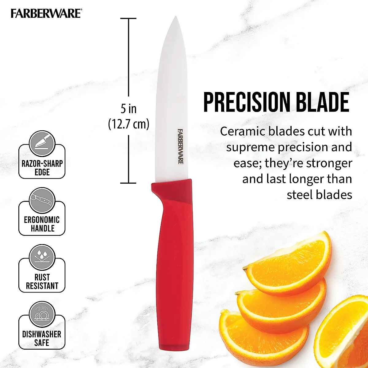 Farberware Ceramic 5-inch Utility Knife with Custom-Fit Blade Cover, Razor-Sharp Kitchen Knife with Ergonomic, Soft-Grip Handle, Dishwasher-Safe, 5-inch, Red