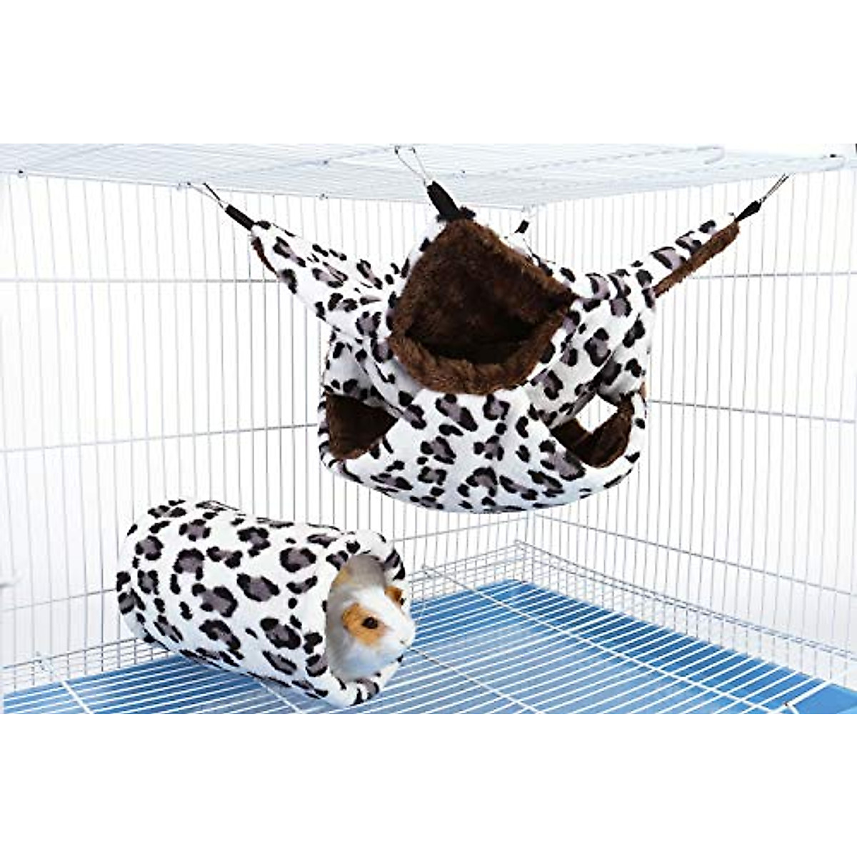 Mogoko Fleece Rat Hammock and Hideout Tunnel Set, 3 Tier Hanging Bed and Tubes for Guinea Pigs Hamster Ferret Chinchilla Cage Small Animals(White)