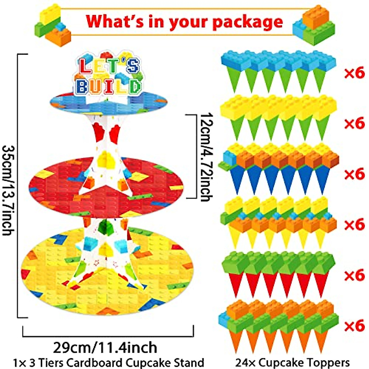 Building Block Cupcake Stand with 24pcs Cupcake Toppers for Blocks Birthday Party Decorations 3 Tire Brick Themed Cupcake Dessert Holder for Building Blocks Baby Shower Party Decor Supplies