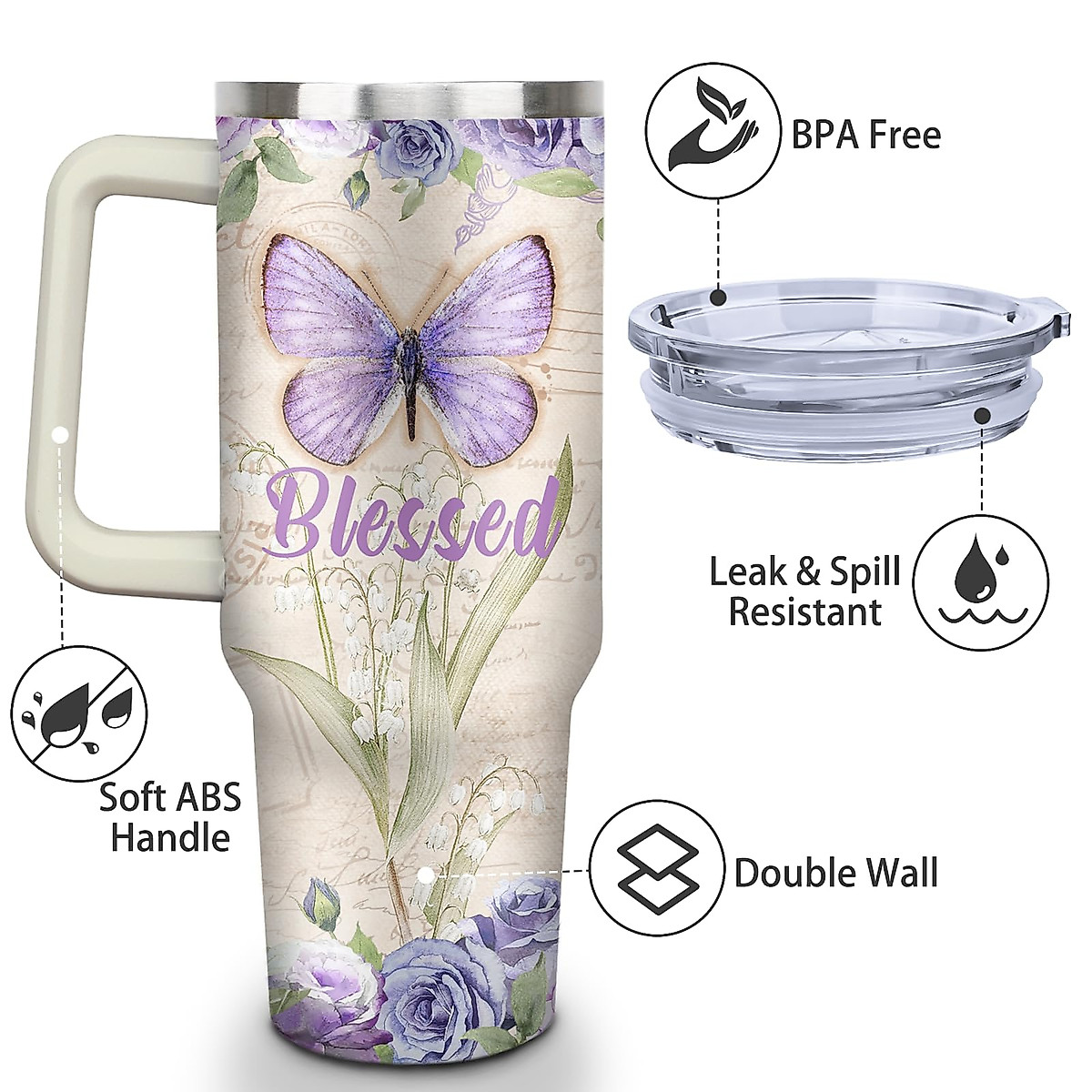 Thmasamwr Butterfly Tumbler With Lid, Straw and Handle - 40oz Stainless Steel Travel Coffee Mug Water Bottle - Gift Cup for Women and Girls