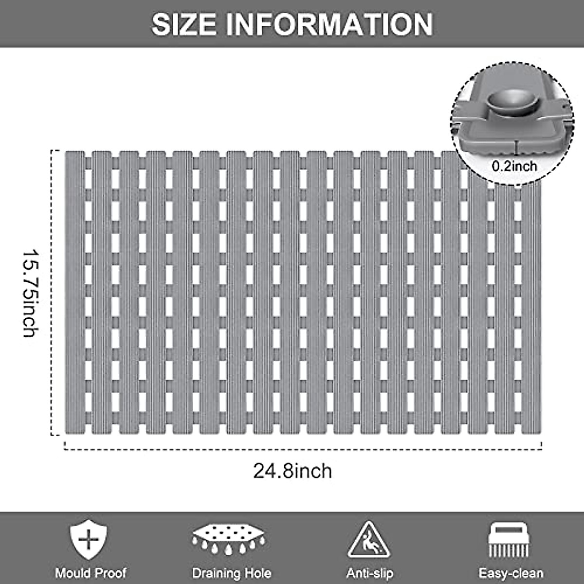 Non Slip Bath Mat Quick Drain Shower Floor Mat Colorful Bathtub Mat Slatted Duckboard Design with Suction Cups for Bathroom Hotel Gym Kitchen | Easy Dry| Non-Toxic, BPA, Latex, Phthalate Free(Grey)