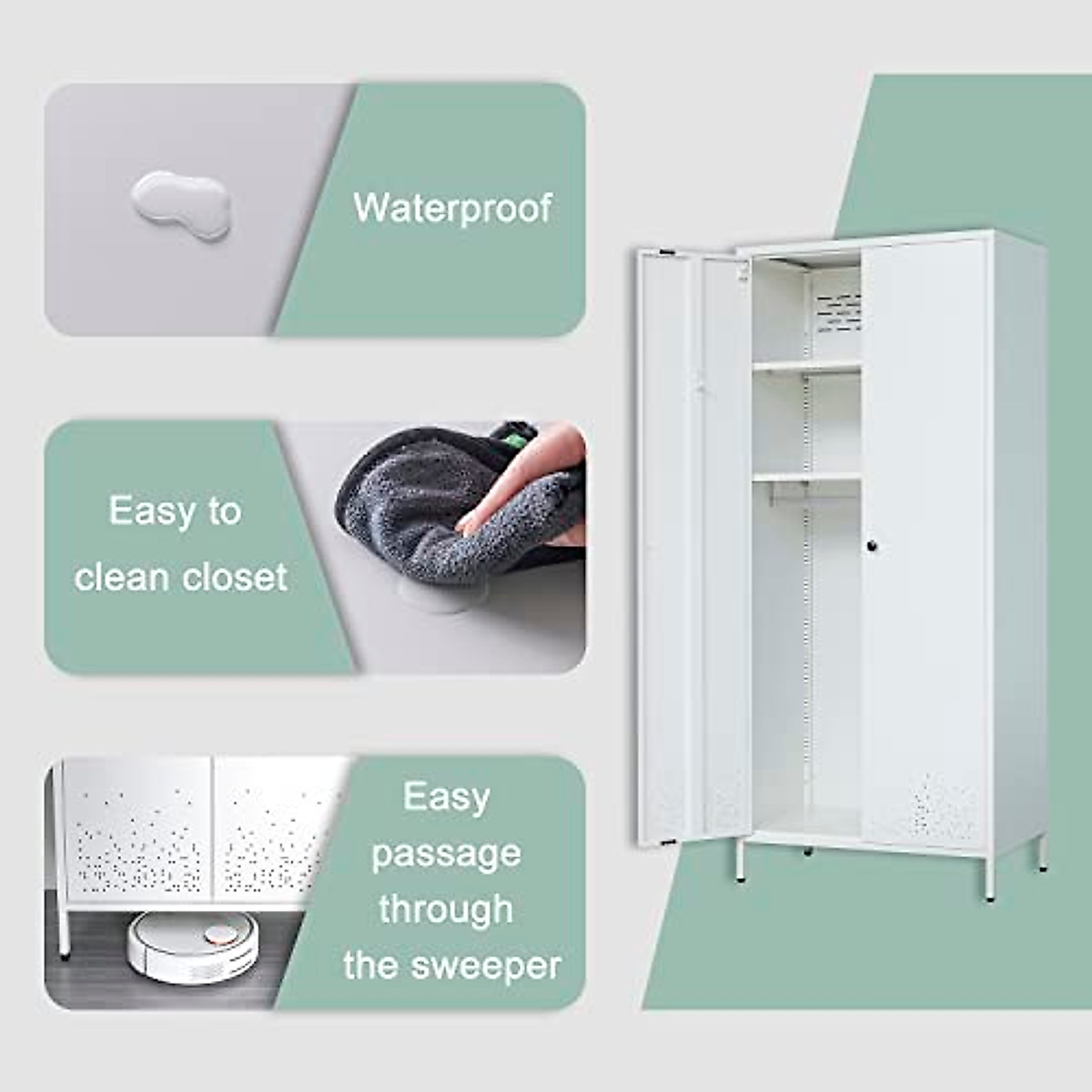 YEEZER Metal Wardrobe, Storage Cabinet with Hanging Rod，Armoire with Magnetic Door and 2 Freely Adjustable Shelves 74" H x 31.5" W x 20" D (White)