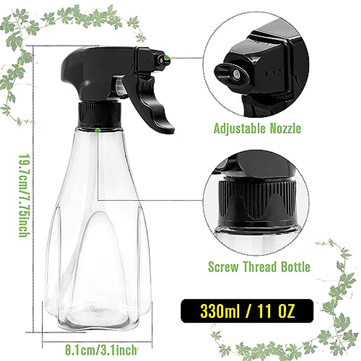 Showvigor Hair Spray Bottle Continuous Water Mister Spray Empty Ultra Fine for Hair Styling, Pets, Plants, Cleaning, Misting & Skin Care, Salons, for Taming Hair in Morning, Curly Hair.（11OZ/330ML）