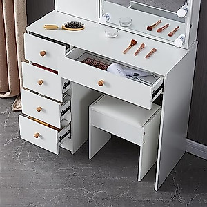 Makeup Vanity with LED Lighted Mirror, White Vanity Desk with Lights,Vanity Table with 5 Drawers and Cushioned Stool, Modern Makeup Vanity Dressing Table for Bedroom