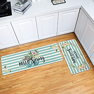 Hello Spring Sweet Home Kitchen Rugs Sets of 2 Spring Flowers Non Slip Floor Mat Watercolor Stripes Decorative Rug Washable Rubber Backing Inside Door Mat Pad for Kitchen Bathroom Farmhouse Decoration