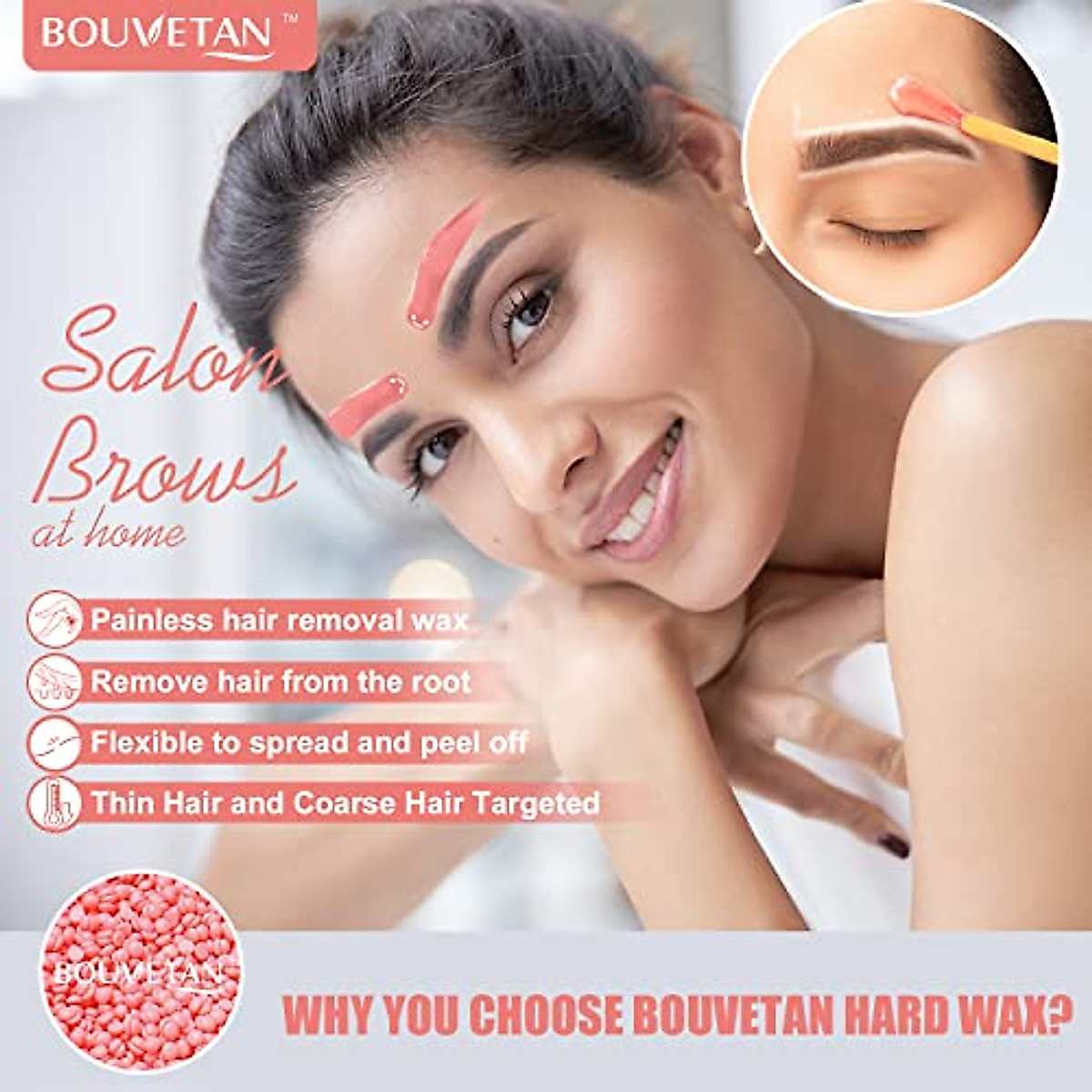 Bouvetan Hard Wax Beans for Painless Hair Removal, Rose Formula - 18oz, Waxing Beads for Face, Eyebrow, Armpit, Legs, Brazilian, Kit with 10pcs Wax Sticks