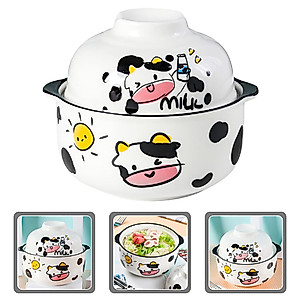 Cabilock Cow Decor Pot Ceramic Ramen Bowl Cow Pattern Noodle Bowl Microwave Soup Bowl Porcelain Dessert Bowl Food Dish with Lid Pho Porridge Salad Snacks Bowl for Home Pots