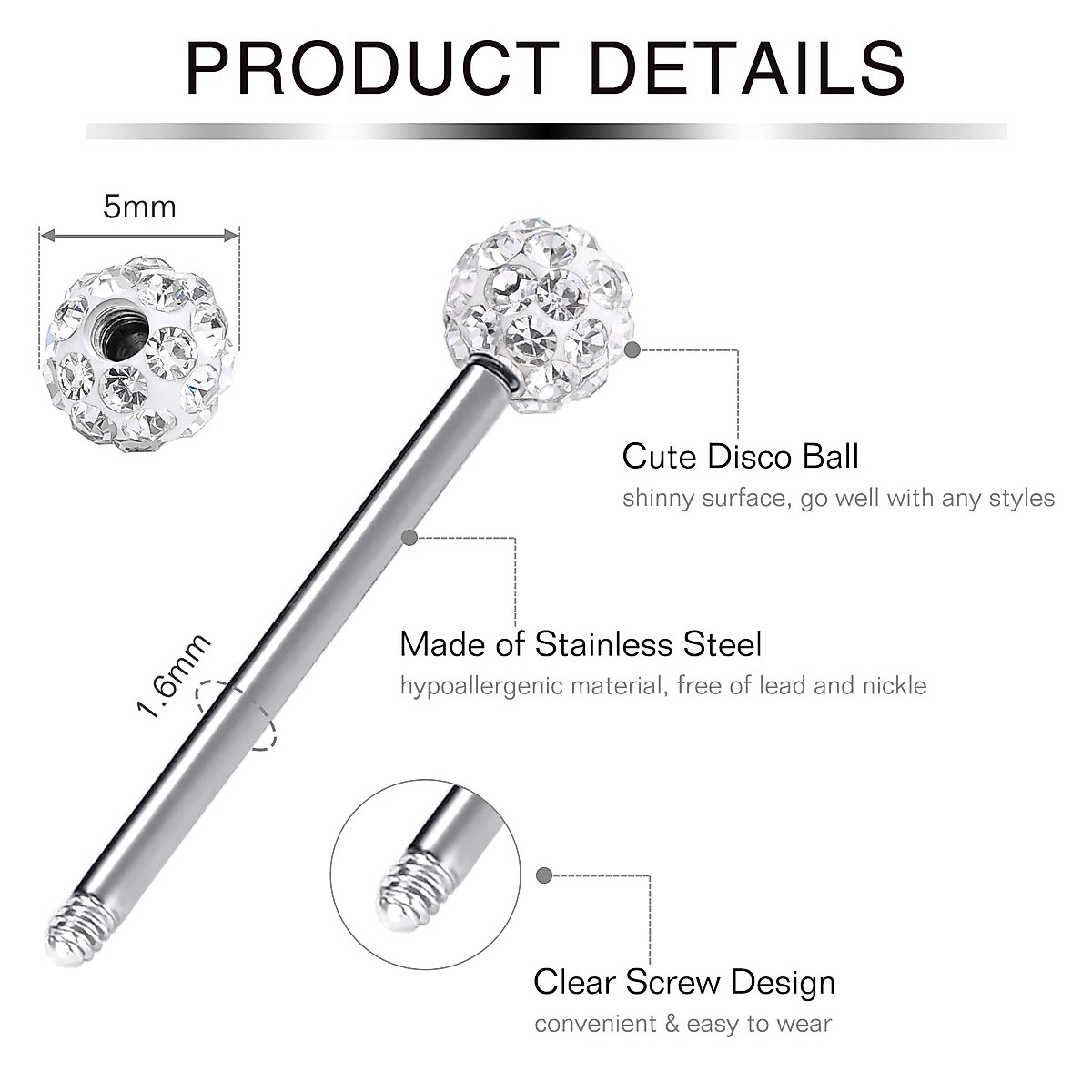 Incaton 14G 5 Pairs Nipple Rings Tongue Ring Surgical Steel Nipplerings Retainer Piercing Women Silver Straight Barbells 12mm-18mm