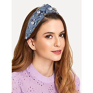 Pearl Knotted Headband for Women White Pearl Rhinestone Crystal Jeweled Embellished Hairband Fashion Elegant Ladies Wide Top Knot Bride Boho Head Band Headpieces Bachelorette Party Hair Accessories