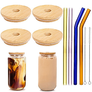 Bamboo Lids for Beer Can Glass, ANOTION Mason Jar Lids with Straw Hole, 4 Reusable Bamboo Mason Jar Drinking Lids for Regular Mouth Mason Jar with 4 Muti-Color Glass Straw for Coffee Boba Cup