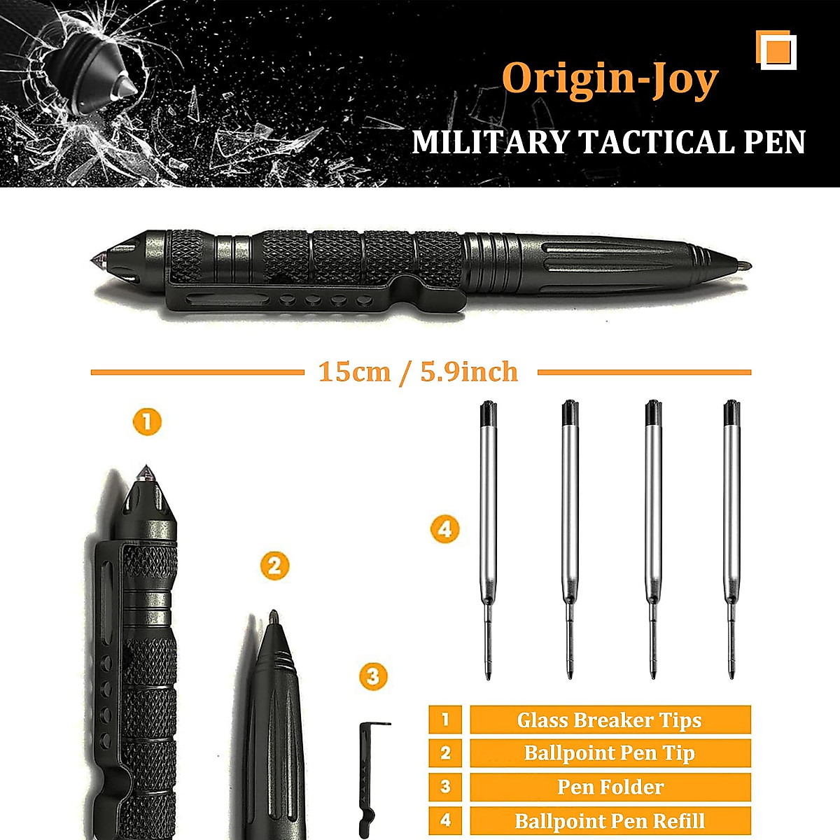 Origin-Joy 2 Pack Tungsten Steel Military Tactical Pen Set, Multifunctional EDC Self Defense Pen With 8 Ballpoint Refills