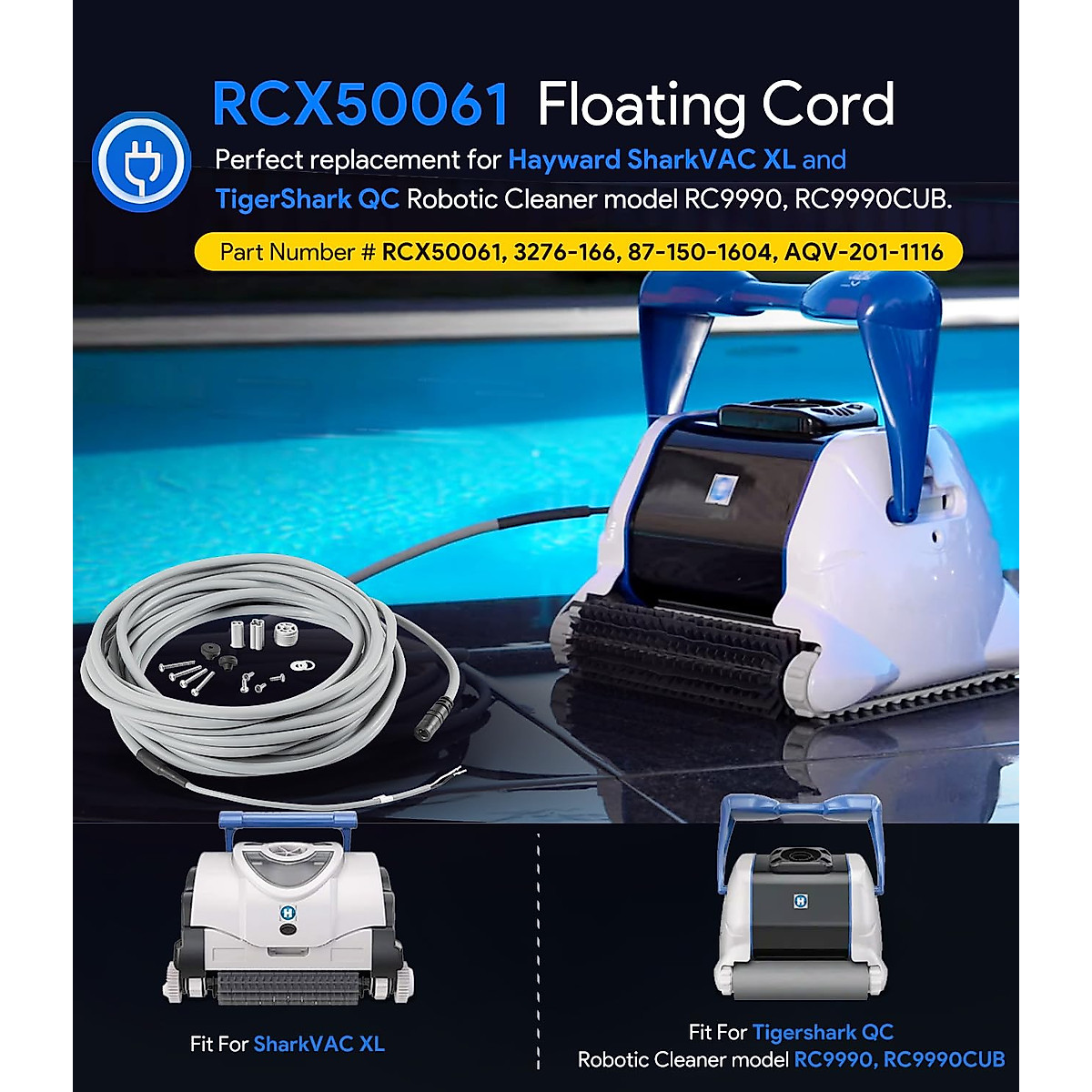 RCX50061 Floating Power Cord Assembly Replacement for Hayward Tigershark QC Robotic Cleaner RC9990 RC9990CUB, SharkVAC XL Pool Cleaner, 55 FT, 2 Pin