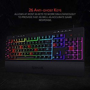 Redragon K512 Shiva RGB Backlit Membrane Gaming Keyboard with Multimedia Keys, Linear Mechanical-Feel Switch, 6 Extra On-Board Macro Keys, Dedicated Media Control, Detachable Wrist Rest