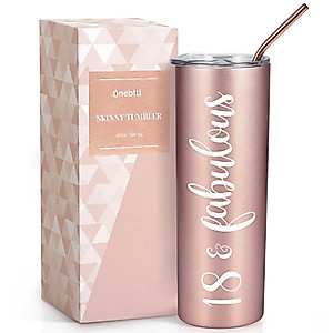 Onebttl 18th Birthday Gifts for Girls, Women, Her - 18 and Fabulous -20oz/590ml Stainless Steel Insulated Tumbler with Straw, Lid, Message Card - (Rose Gold)