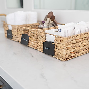 Set of 4 Handwoven Water Hyacinth Storage Baskets - Organizer Wicker Baskets for Shelves with Clip on Chalkboard Labels and Chalk Markers