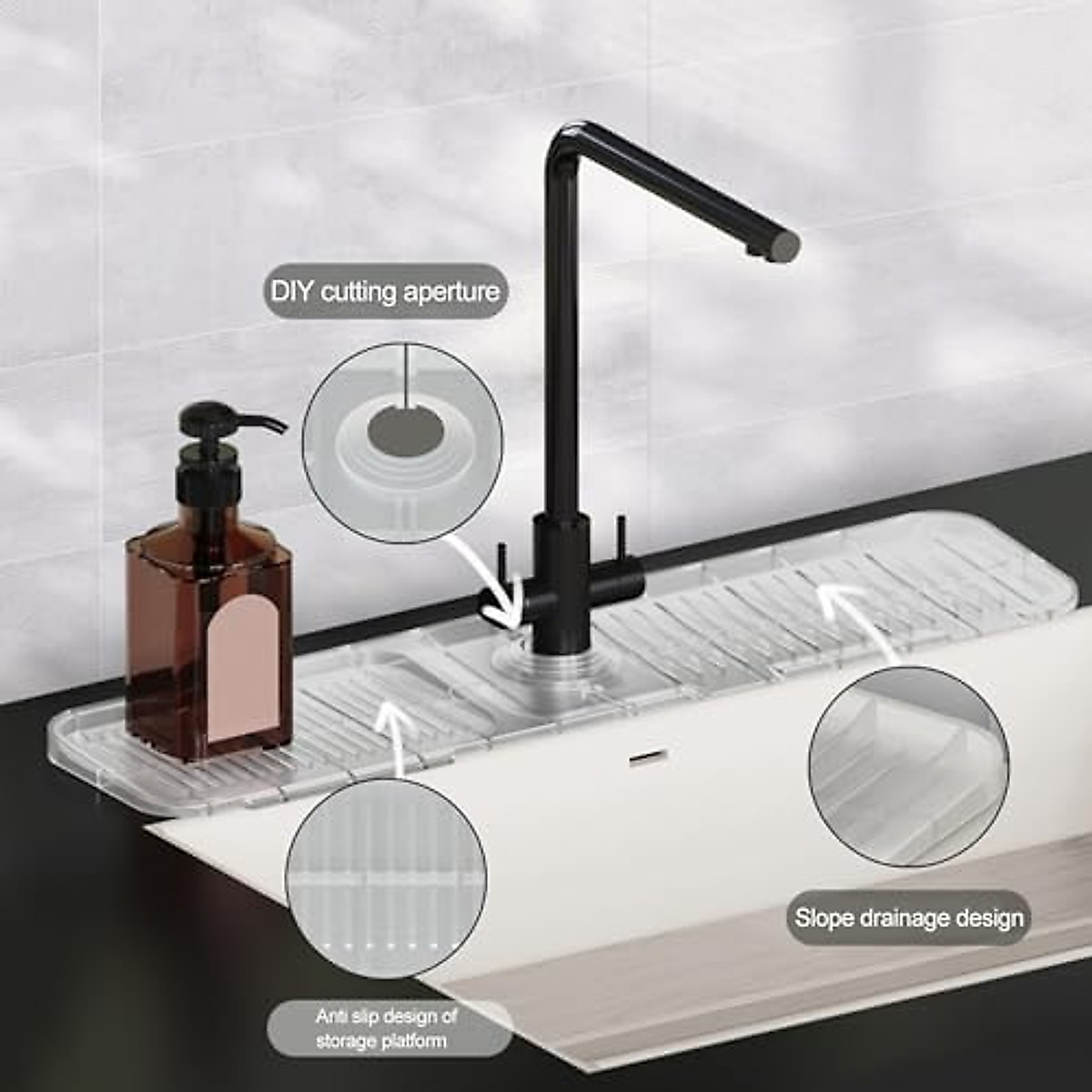 Grebest Household Faucet Draining Mat Faucet Draining Mat Non-slip Silicone Quick Drying Foldable Bathroom Kitchen Sink Splash Guard Soft Faucet Draining Mat Transparent XL