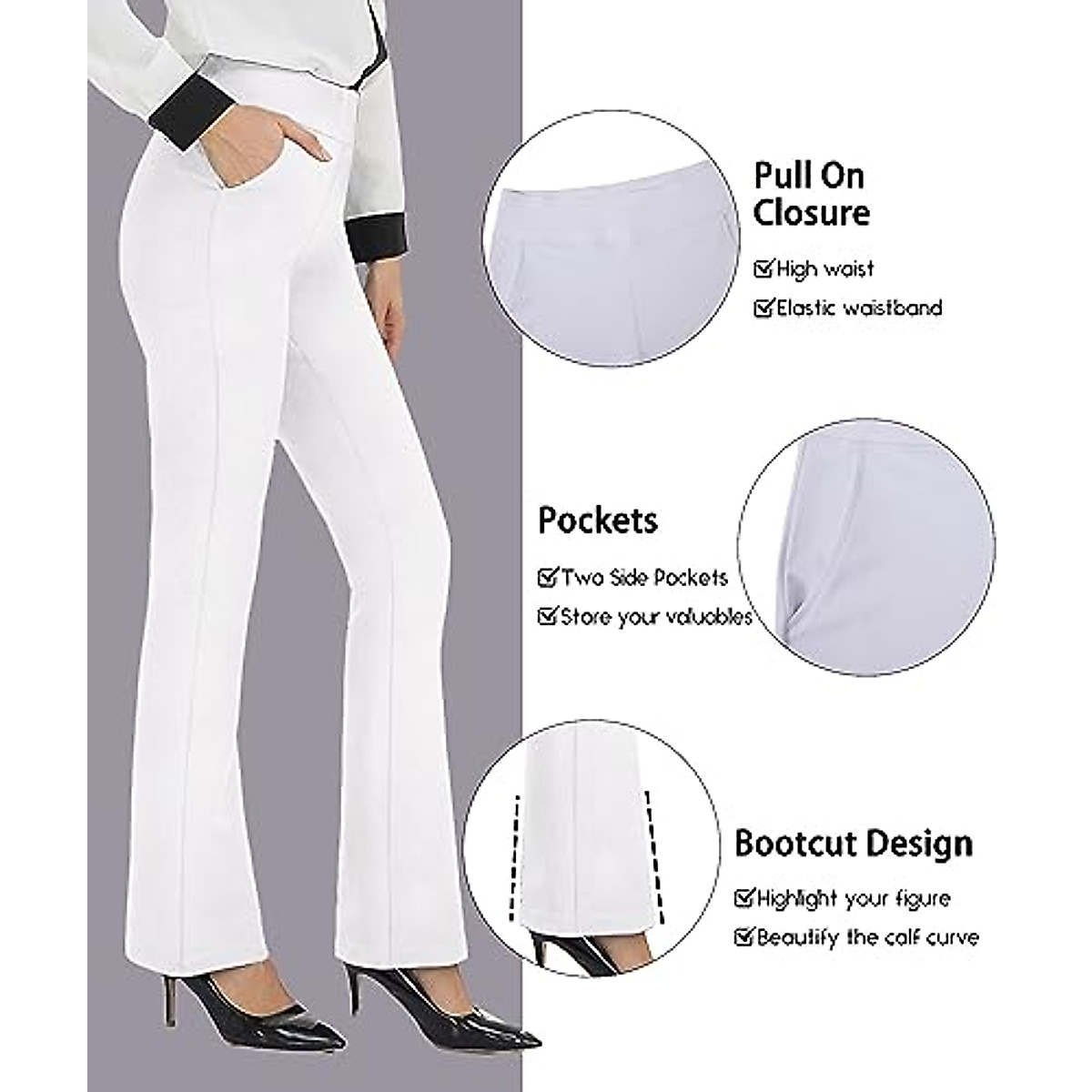 Agenlulu High Waisted Dress Pants for Women Bootcut Elastic Waist Pull On Work Slacks for Women Business Casual Yoga (White)
