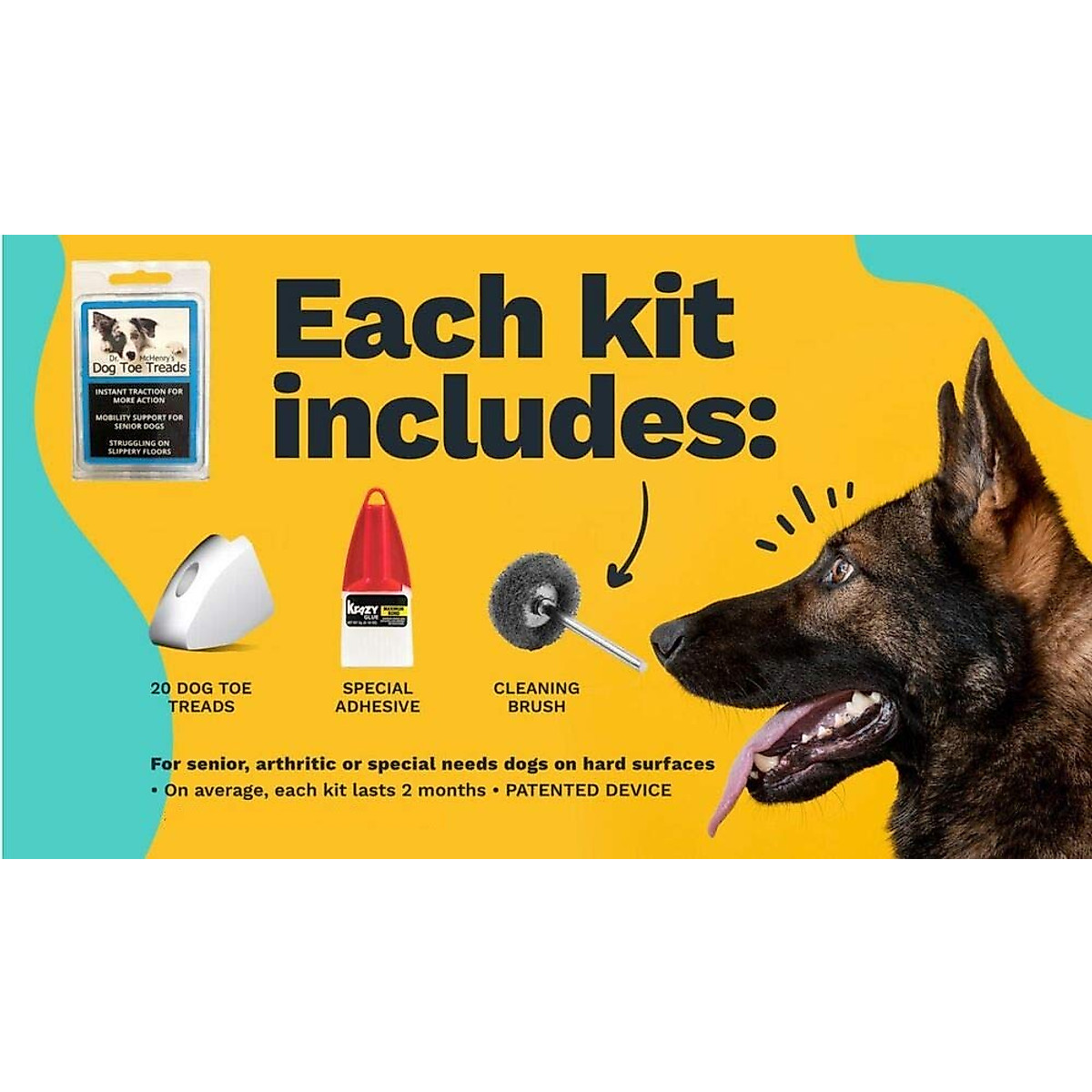 Dr. McHenry's Dog Toe Treads, Set of 24, Adhesive, Cleaning Brush, Increased Traction, Dog Mobility Support, X-Large Kit- Weight: 60-150 lbs. Net Weight 1.6 oz.