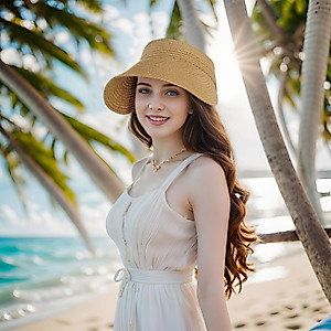 Straw Sun Visors Womens, Ponytail Beach Straw Visor, Packable Summer Sun Hats for Women Travel Khaki