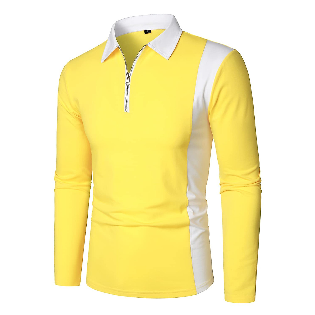 HOOD CREW Mens Long Sleeve Polo Shirts Fashion Color Block Zipper T shirts Yellow 3XL