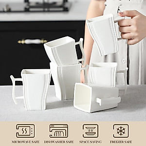 MALACASA Coffee Mugs, Porcelain Mug Set of 6, Square 11 oz White Coffee Cups with Handles for Man Woman, Modern Ceramic Mugs Set for Coffee, Latte, Cappuccino, Tea, Milk, Mocha, Cereal, Series FLORA