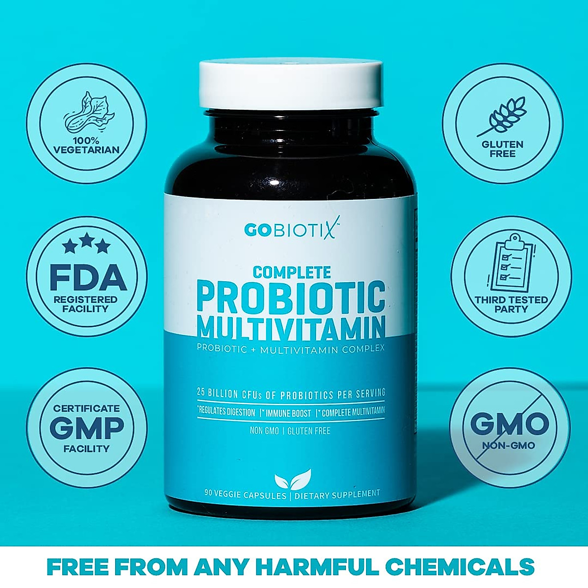 GOBIOTIX Probiotic Multivitamin Supplement - Daily Multivitamins with Probiotics - 25 Billion CFU - Boost Immunity and Digestive Health, Probiotics for Women and Men - Gluten Free Pills - 90 Capsules