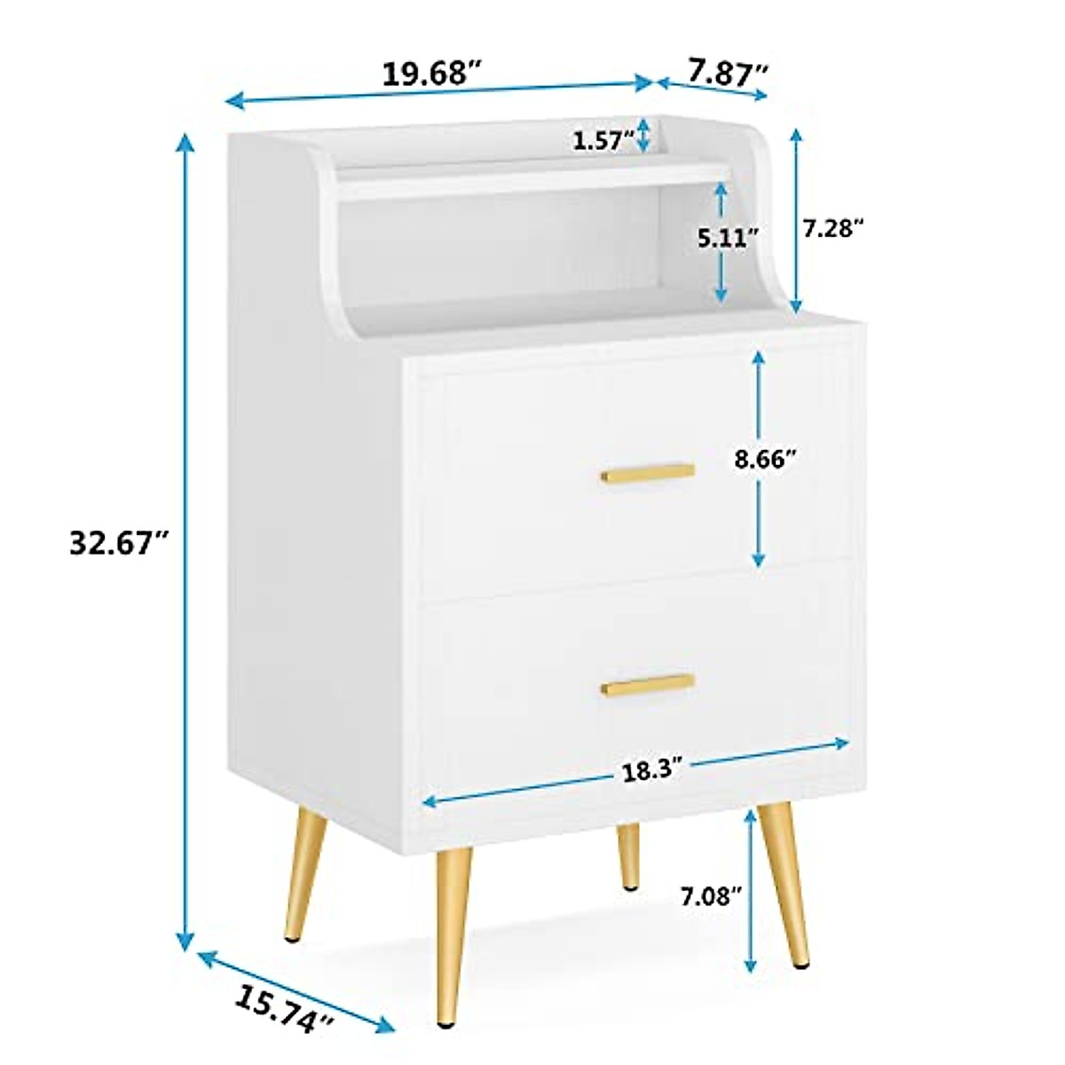 Tribesigns Nightstand, Modern Bedside Table with 2 Drawers and Heightened Open Shelf, End or Side Table with Golden Metal Legs, Bed Night Table for Bedroom(White), Storage Wooden Night Stand (1 pc)