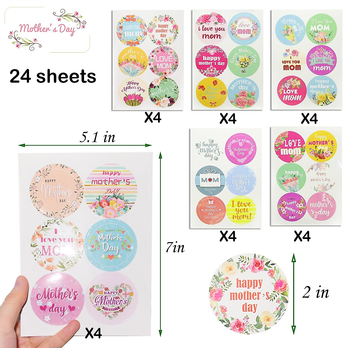 HADDIY Happy Mothers Day Stickers,144 Pcs 2 Inches Floral Mom Labels Stickers in Bulk for Mother's Day Cards,Cookies,Envelopes Seals,Flowers and Gifts Wrapping Decoration