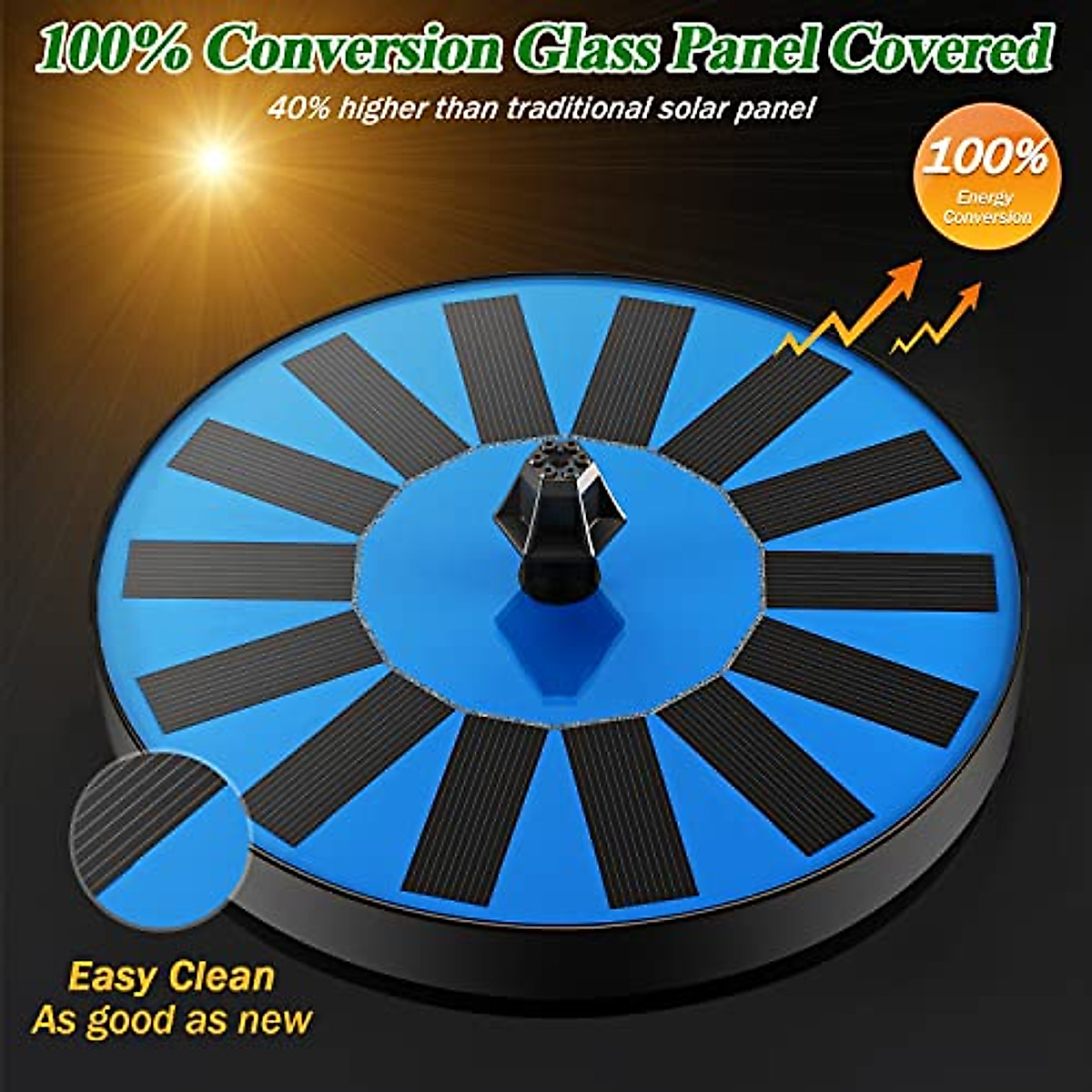 ZOLOCHEL Solar Fountain Upgraded 100% Glass Covered， Solar Powered Bird Bath Water Fountains with 8 Nozzles & 4 Fixers for Garden, Pond, Pool, Fish Tank Decoration