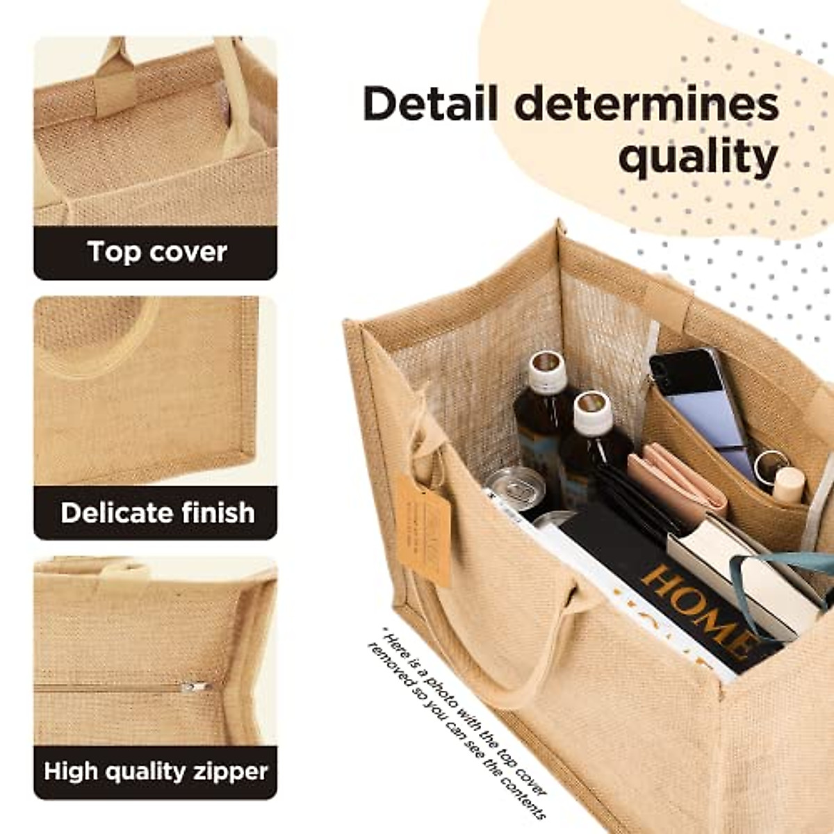 2 Pack Jute Tote Bags - X-Large Reusable Jute Tote Bag with Handles and Top Zipper Closure - Water Resistant Blank Tote Bags for Bridesmaid Wedding Gift, Grocery, Shopping, Beach, and DIY Crafts