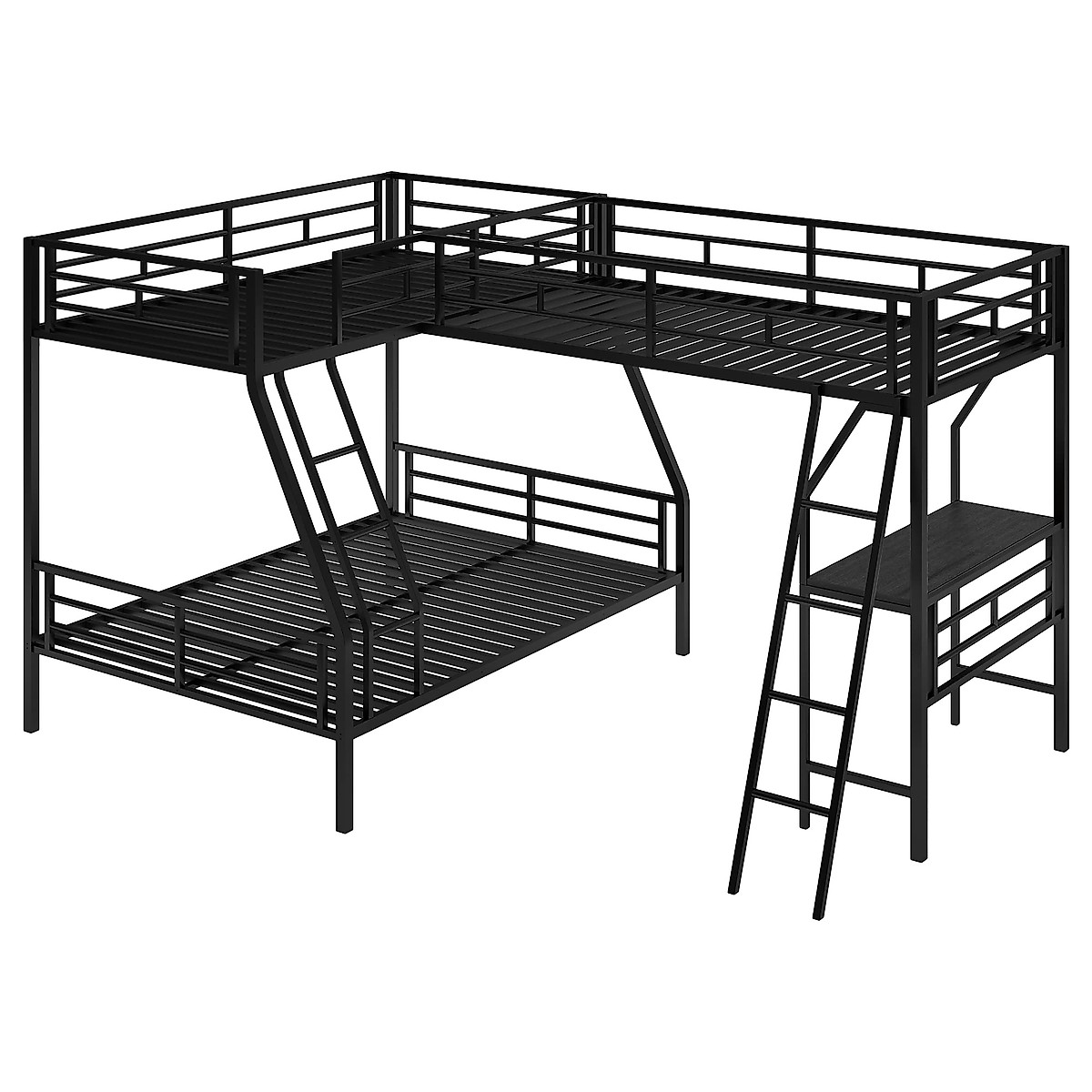 SOFTSEA L-Shaped Twin Over Full Bunk Bed with Built-in Desk, Heavy-Duty Metal Bunk Bed Frame for 3 Persons, Space-Saving Design, No Box Spring Needed, Safety Guardrails, Noise-Free, Black