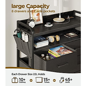 Rolanstar Dresser with Power Outlets and LED Lights, 8 Drawers Dresser with Side Pockets, Fabric Chest of Drawers with PU Finish, Tall Dresser with Sturdy Frame & Wood Top for Bedroom, Black