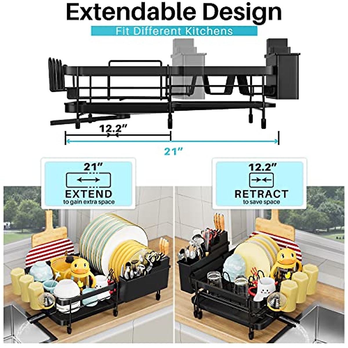 YKLSLH Expandable Dish Drying Rack Dish Racks for Kitchen Counter, Space Saving Dish Rack,Durable Kitchen Drying Rack with Drainboard, Glass Holder, Utensil Holder - Black