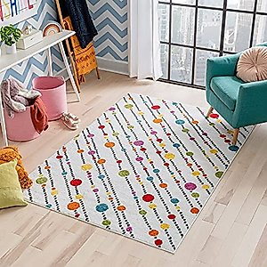 Well Woven StarBright Dandy Dots and Stripes Modern Abstract White 7'10" x 10'6" Kids Area Rug