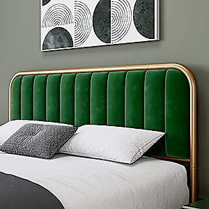 Senfot Queen Bed Frame Modern Upholstered Platform with Velvet Headboard and Gold Frame, Wooden Slat Support No Box Spring Needed in Gold and Green