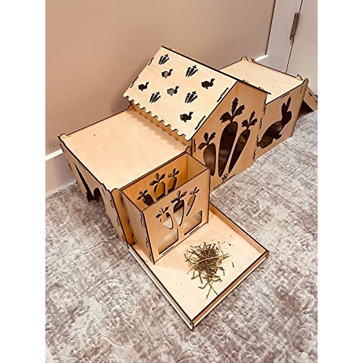 Indoor Bunny Rabbit Castle, Hideout and Wooden House Playset with Ramps, Hay Feeder & Waste Tray