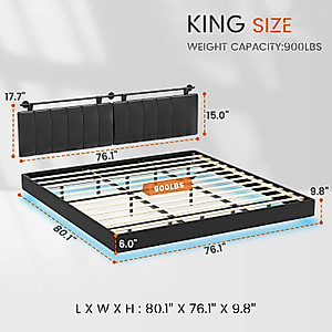 Hasuit Floating Bed Frame King Size with LED Light, Modern King Platform Bed with Vegan Leather Upholstered Headboard, No Box Spring Needed, Noise Free, Easy Assembly