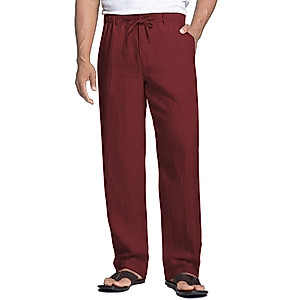 COOFANDY Light Pants for Men Summer Elastic Waist Casual Beach Slacks Linen Blend Trousers (Wine Red, XXXL)