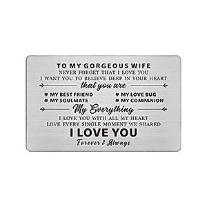 Resdink To My Gorgeous Wife, Engraved Wallet Cards for wife, Love Gifts for Wife, Anniversary Present Card for Wife Her, I Love You With All My Heart, Wife Gift from Husband, Birthday Valentines