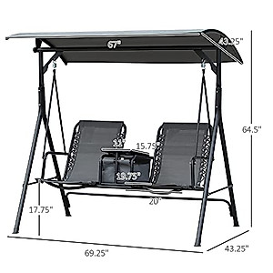 Outsunny 2-Seat Patio Swing Chair, Outdoor Canopy Swing Glider with Pivot Storage Table, Cup Holder, Adjustable Shade, Bungie Seat Suspension and Weather Resistant Steel Frame, Grey