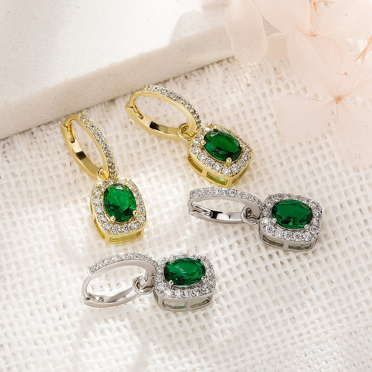 TOPGRILLZ May Birthstone Earrings 14K Gold Plated Iced Big Cushion Cubic Zirconia Drop Dangle Earrings for Women Fashion Jewelry Gift (Gold)