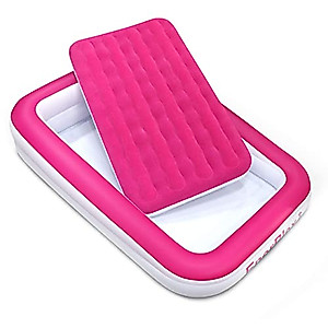EnerPlex Kids Inflatable Travel Bed with High Speed Pump, Portable Air Mattress for Kids on The Go, Blow up Toddler Travel Bed with Sides – Built-in Safety Bumper - Pink