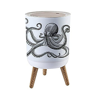 IBPNKFAZ89 Small Trash Can with Lid Octopus Hand Drawing Vintage Engraving on White backgroud Garbage Bin Wood Waste Bin Press Cover Round Wastebasket for Bathroom Bedroom Office Kitchen