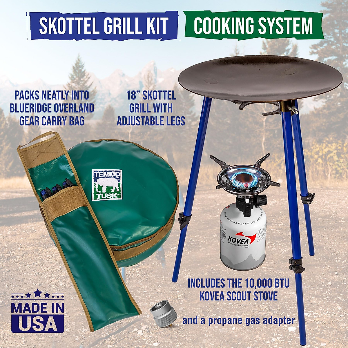 TEMBOTUSK The Original Skottle grill cooking system kit based on the South African braai pan or cowboy wok skillet style cooker, all packs in one carry bag.